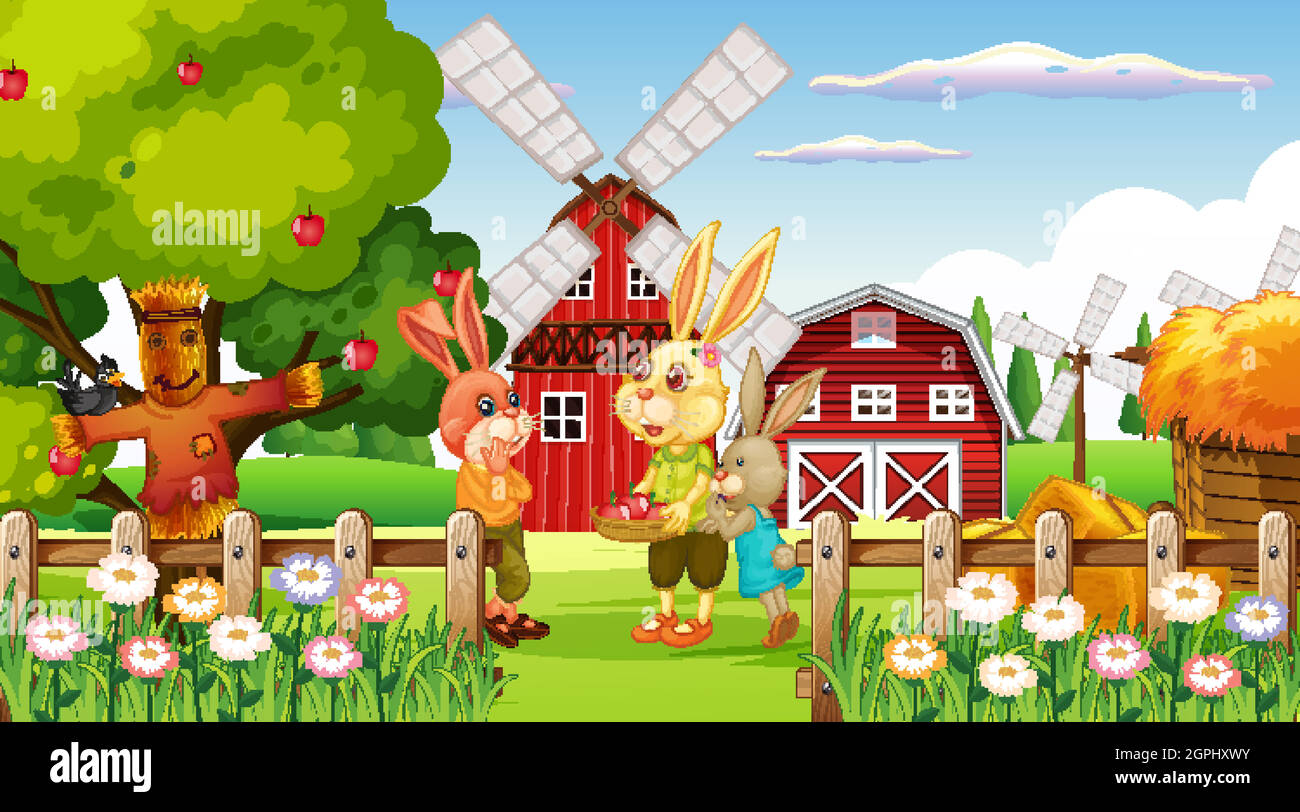 Farm at daytime scene with rabbit family illustration Stock Vector ...