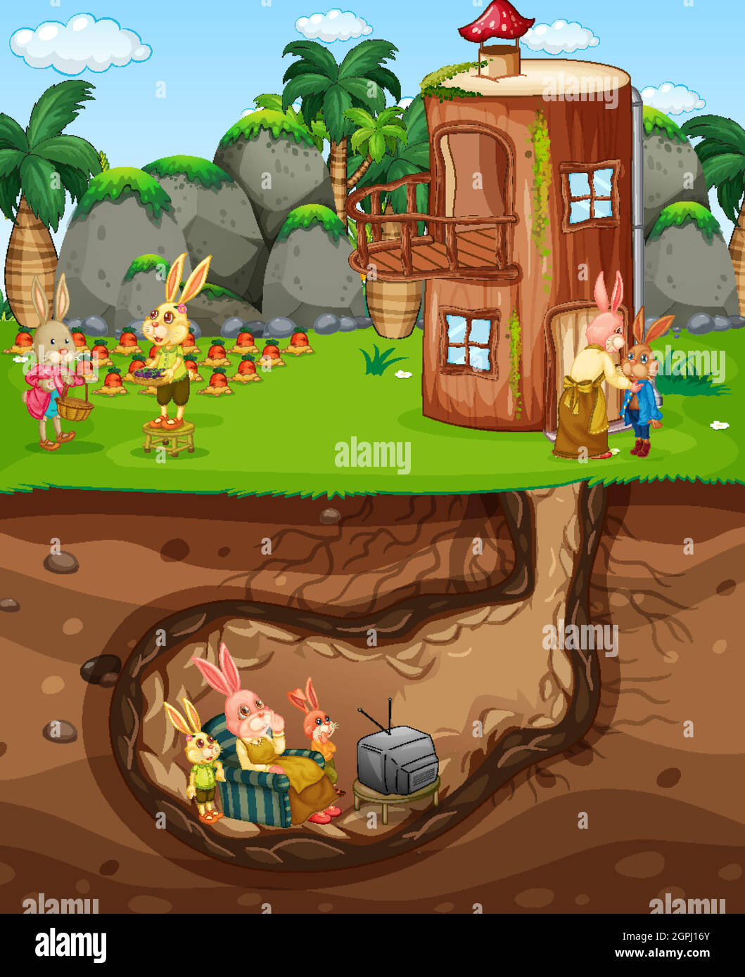Underground rabbit hole with ground surface of the garden scene ...