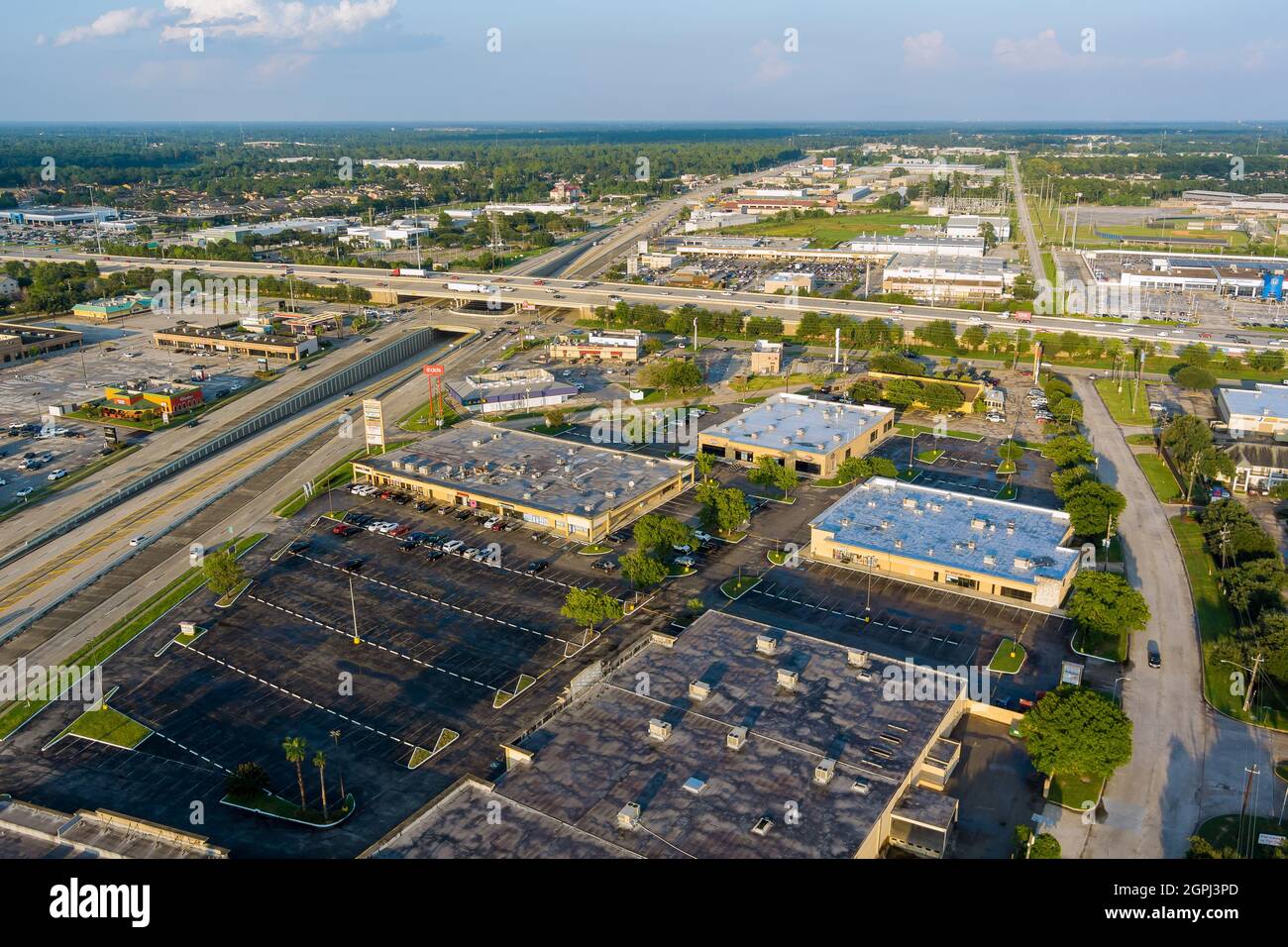Panorama aerial view interstate 45, highway road junction at southeast ...