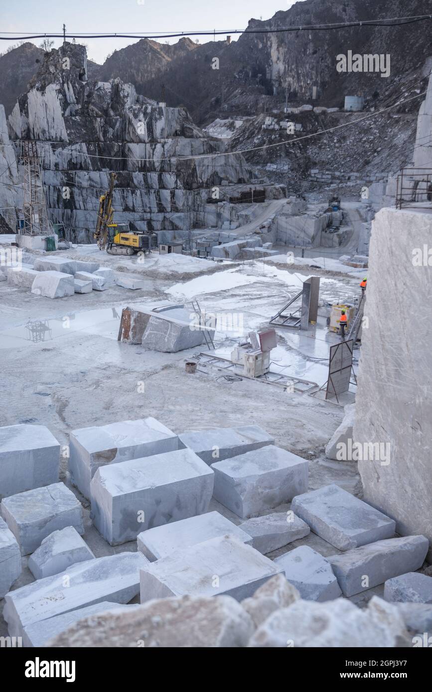 Carrara marble quarries, squarred white marble blocks on quarry of ...