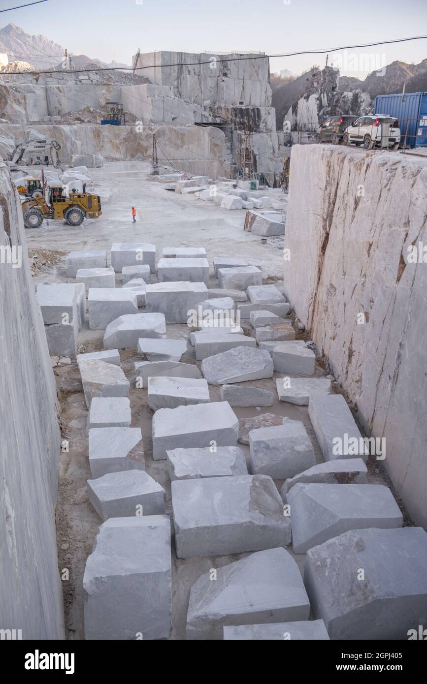 Carrara marble quarries, squarred white marble blocks on quarry of ...