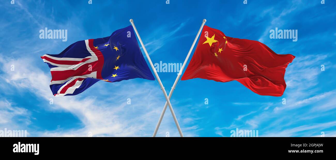 flags of China and Union Jack And Flag Of The European Union waving in ...