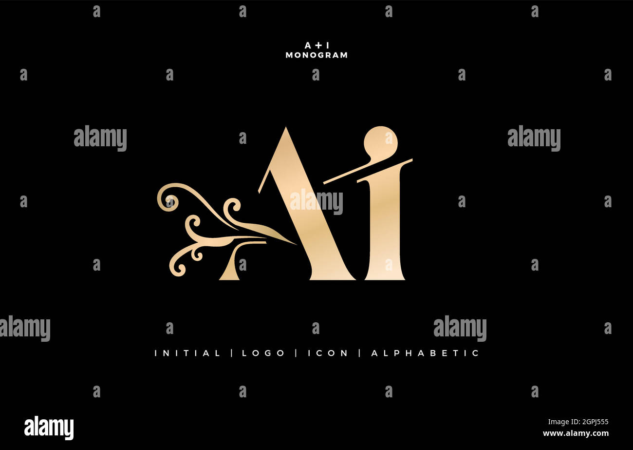AI monogram with floral ornament, initial letter and graphic name of ...