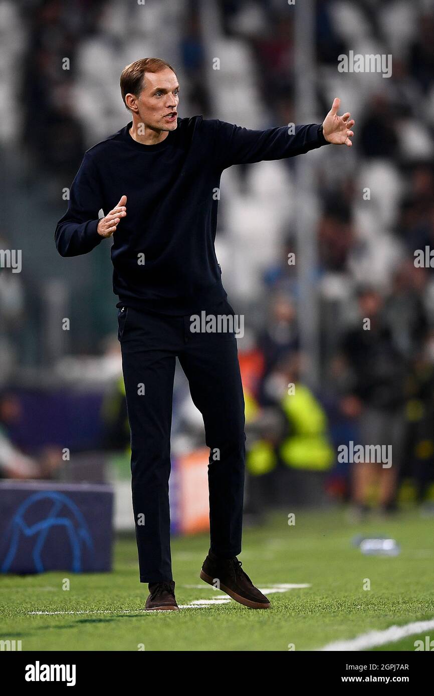 Turin, Italy. 29 September 2021. Thomas Tuchel, head coach of Chelsea ...