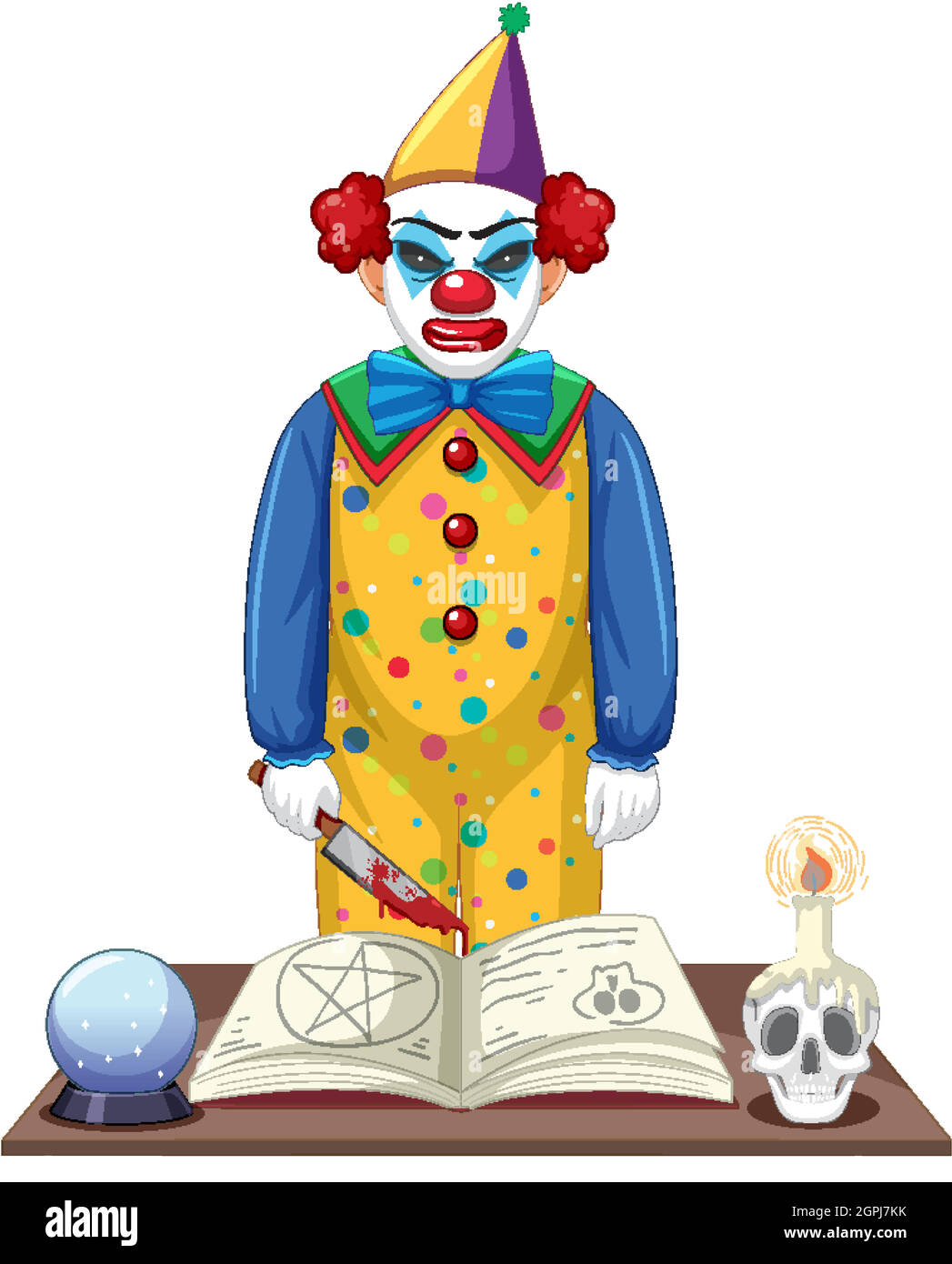 Creepy clown cartoon character on white background illustration Stock ...