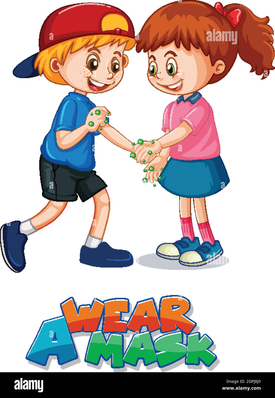Wear a Mask font in cartoon style with two kids do not keep social ...