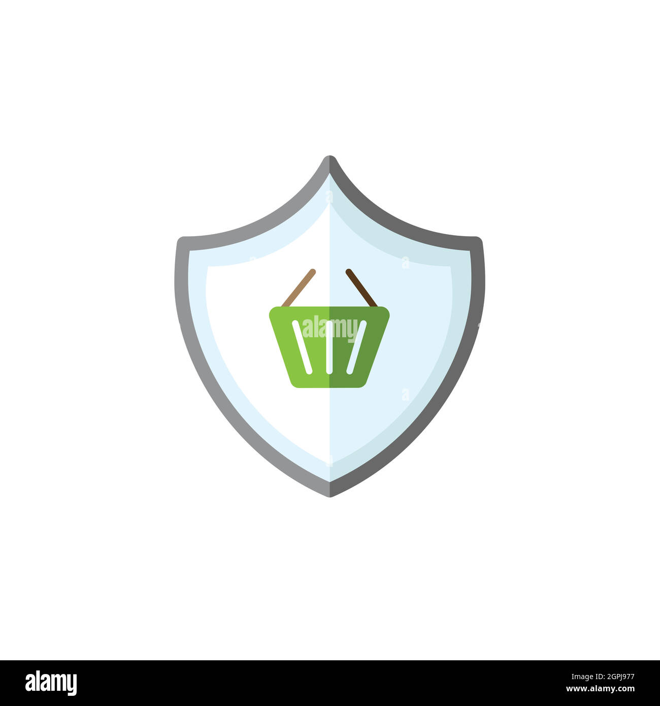 Secure purchase. Security shield and shopping basket. Flat color icon ...