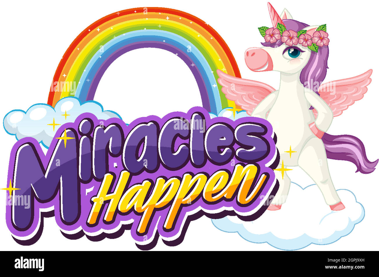 Pegasus cartoon character with Miracles Happen font banner illustration ...