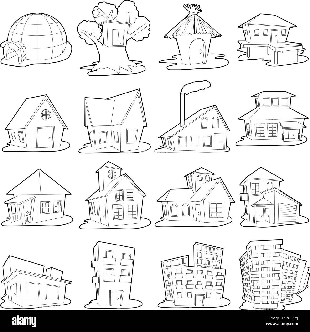 Collection set cartoon objects Black and White Stock Photos & Images ...