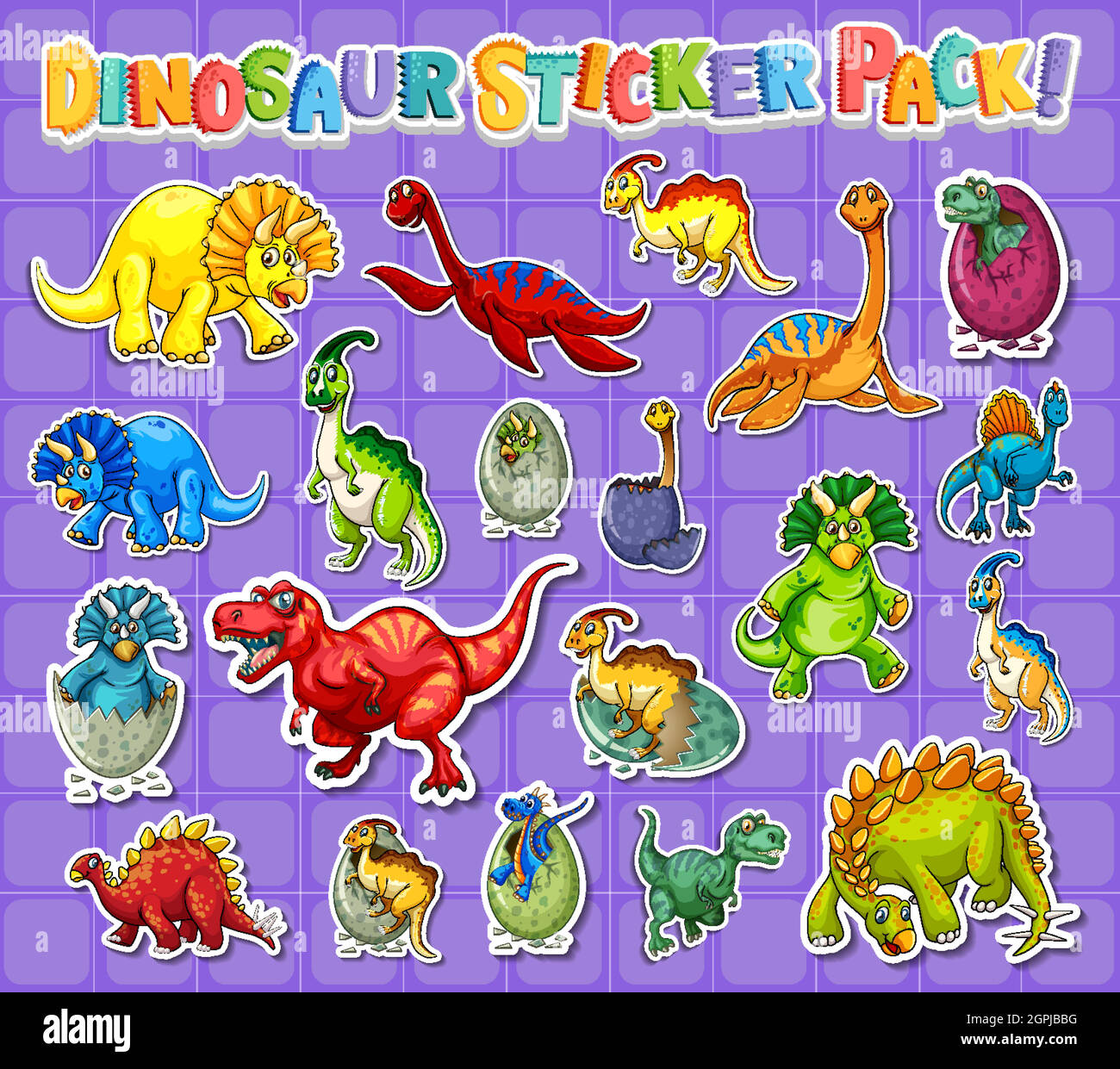 Sticker set with different types of dinosaurs cartoon characters ...