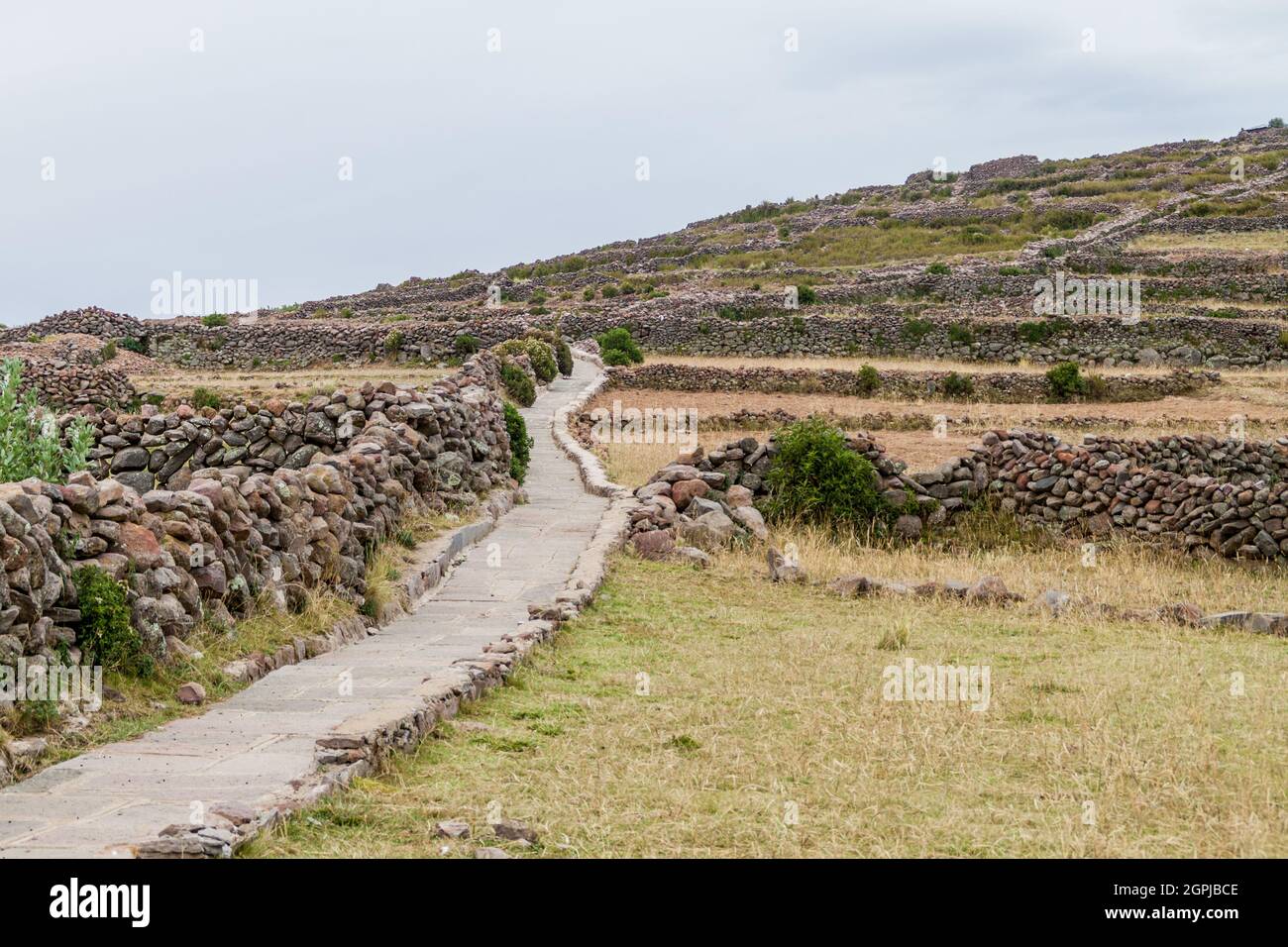 Small walled fields and pastures on Amantani island, Titicaca lake ...