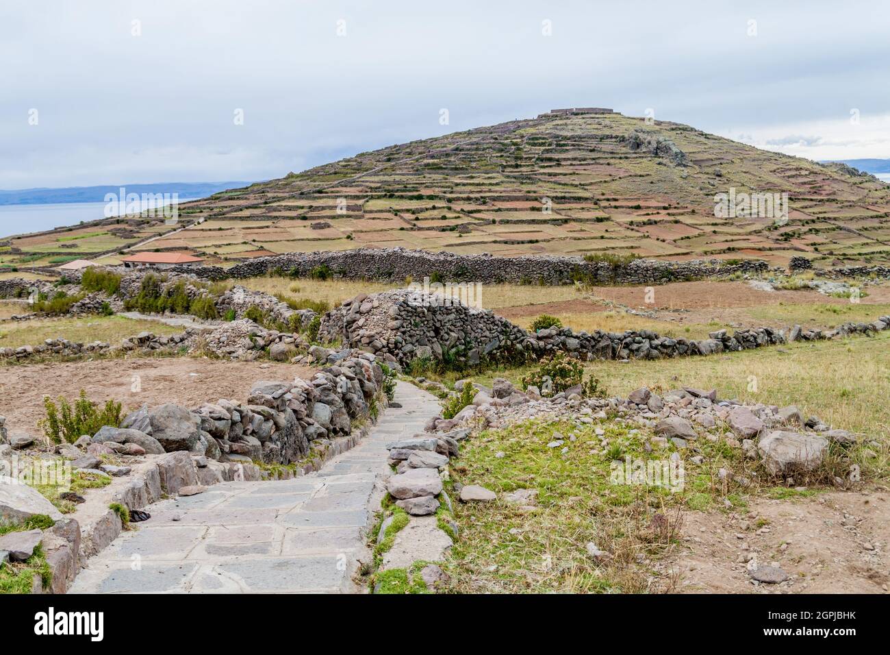 Agricultural terraces on Pachatata hill on Amantani island in Titicaca ...