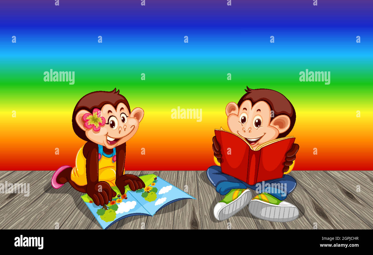Two monkeys reading book on rainbow gradient background illustration ...