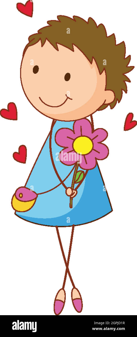 A doodle kid holding flower cartoon character isolated illustration ...