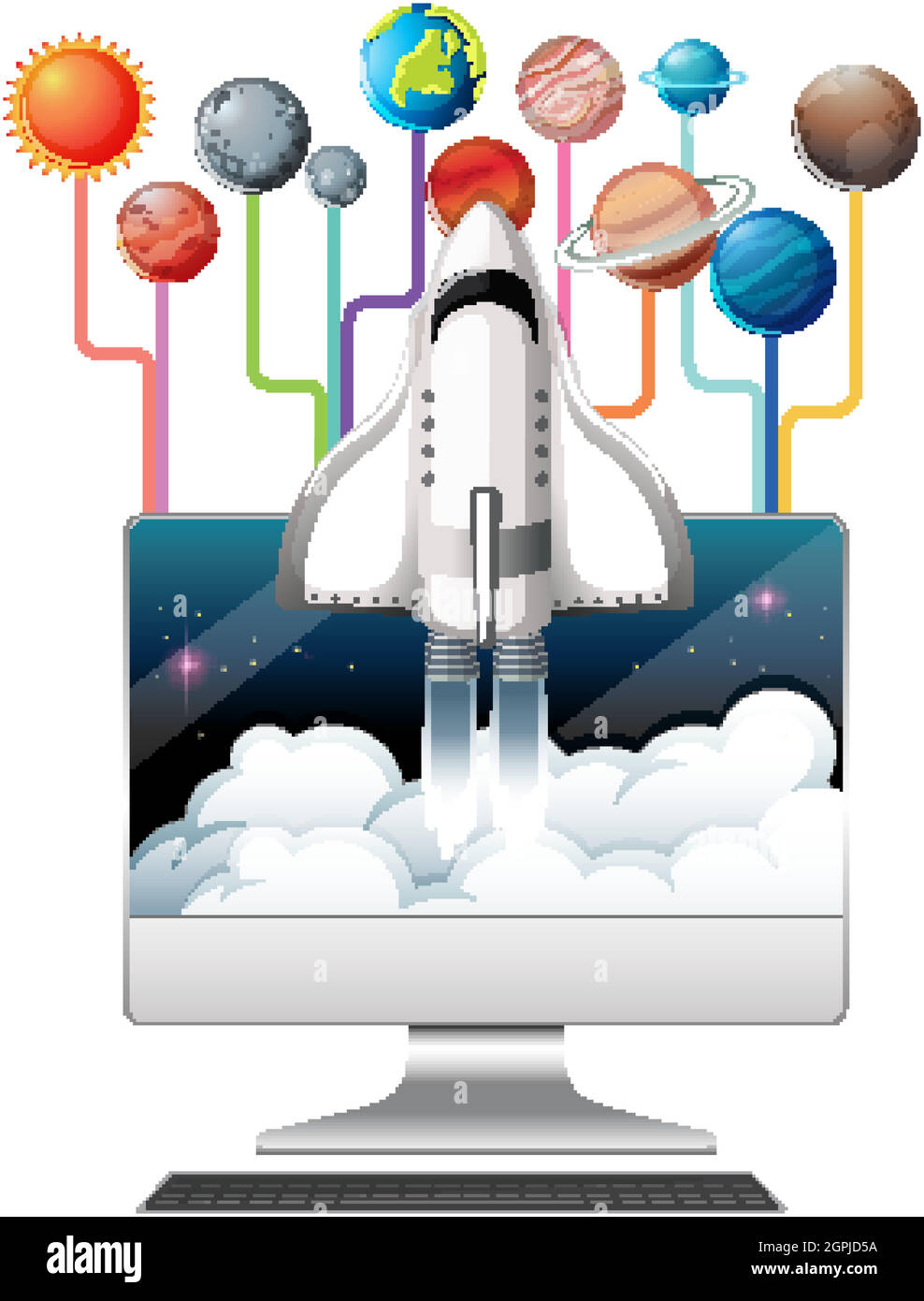 Computer monitor with space ship and planets illustration Stock Vector ...
