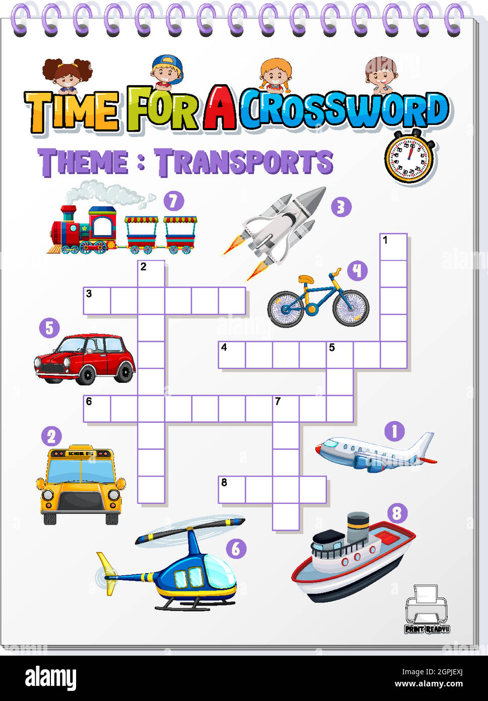 Crossword puzzle game template about transportation illustration Stock ...