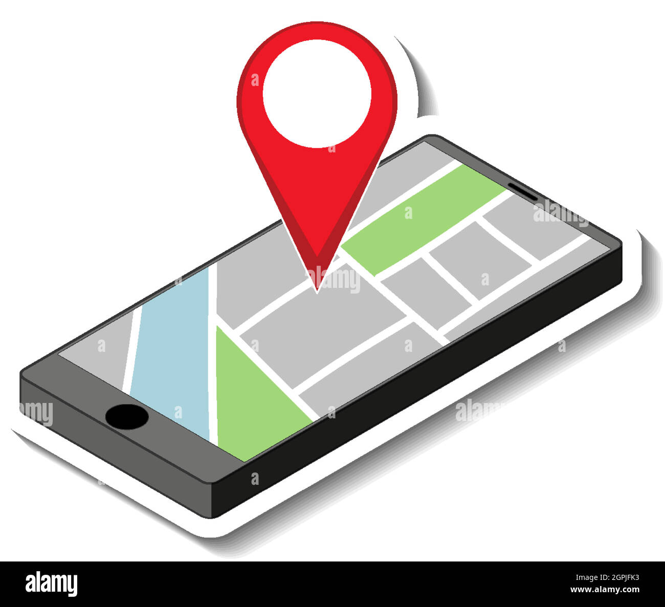 A sticker template with a smartphone showing pin located on map ...