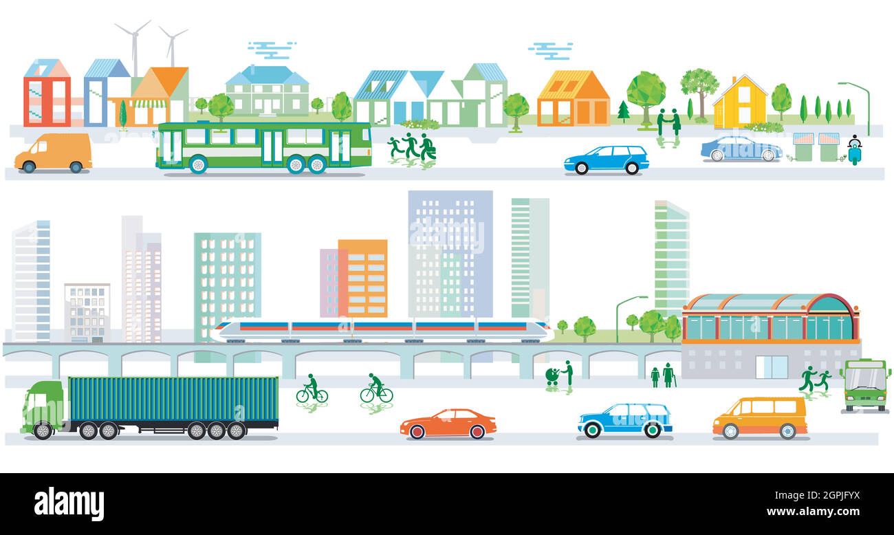 City silhouette with traffic and people, community, city map ...