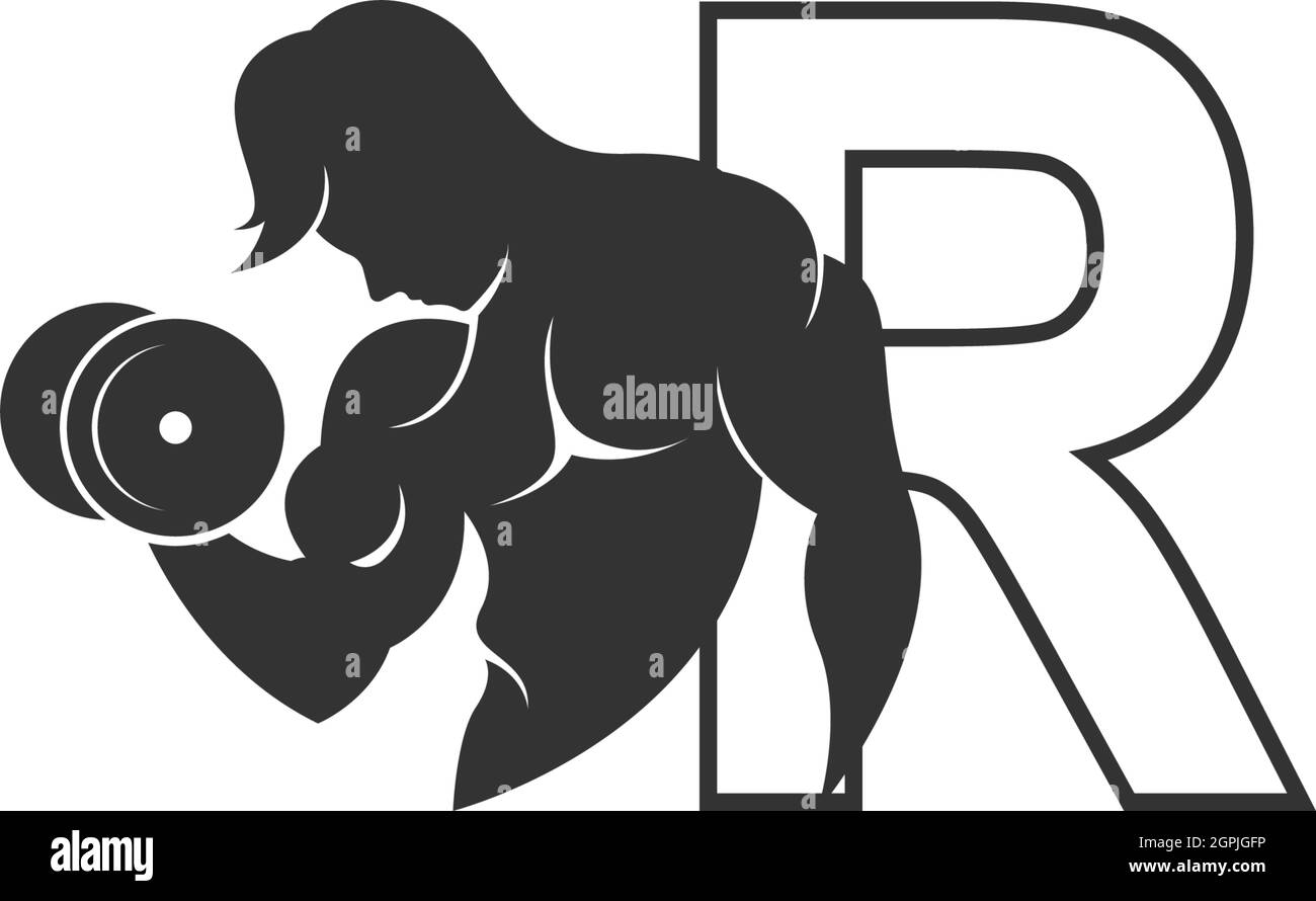 Letter R logo icon with a person holding barbell design vector Stock ...