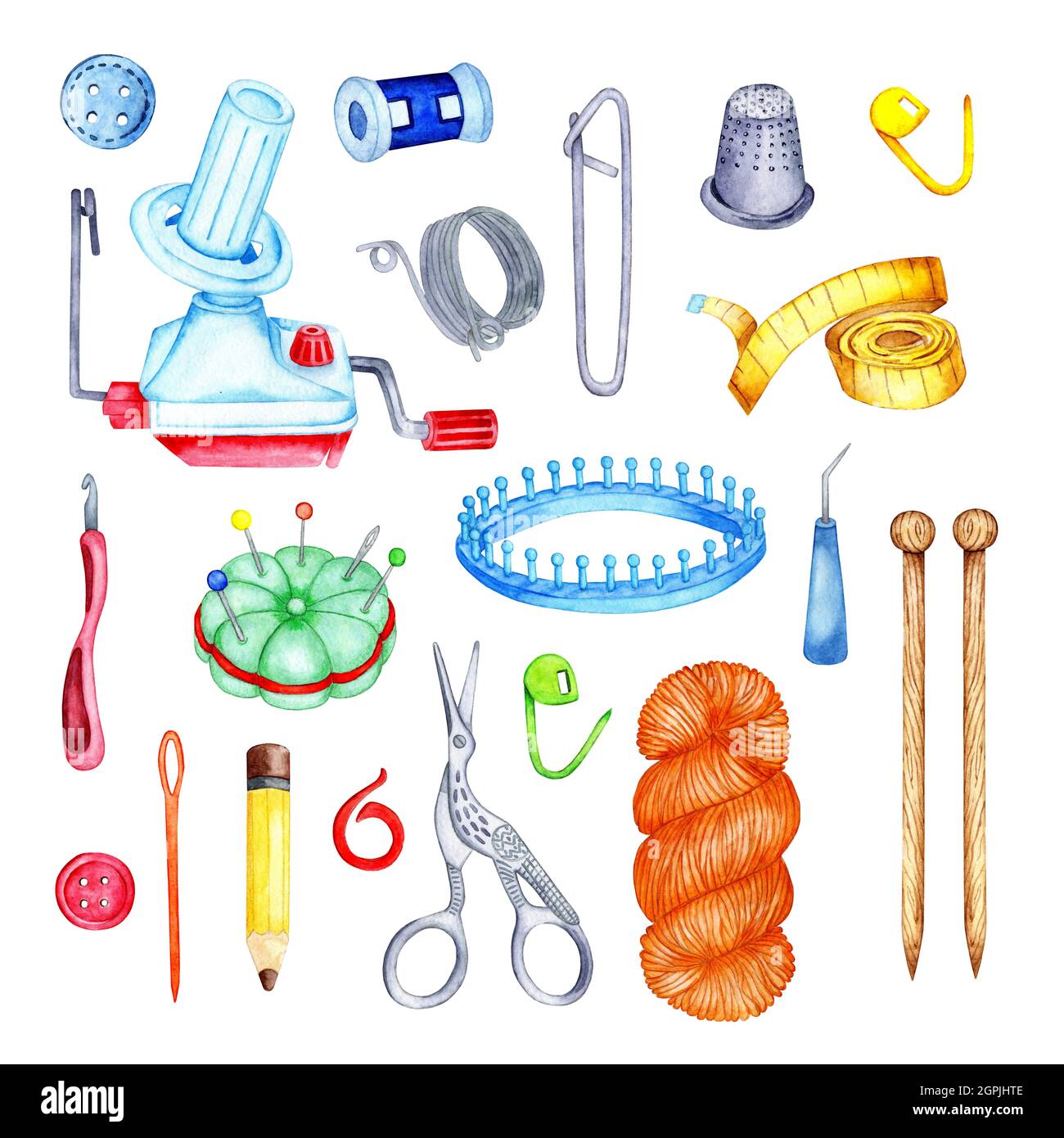 Watercolor illustration of a set of knitting tools. Knitting needles ...