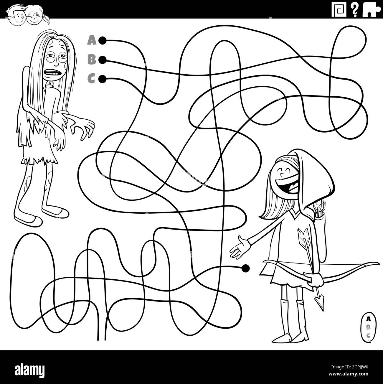 line maze with girls at costume party coloring book page Stock Vector ...