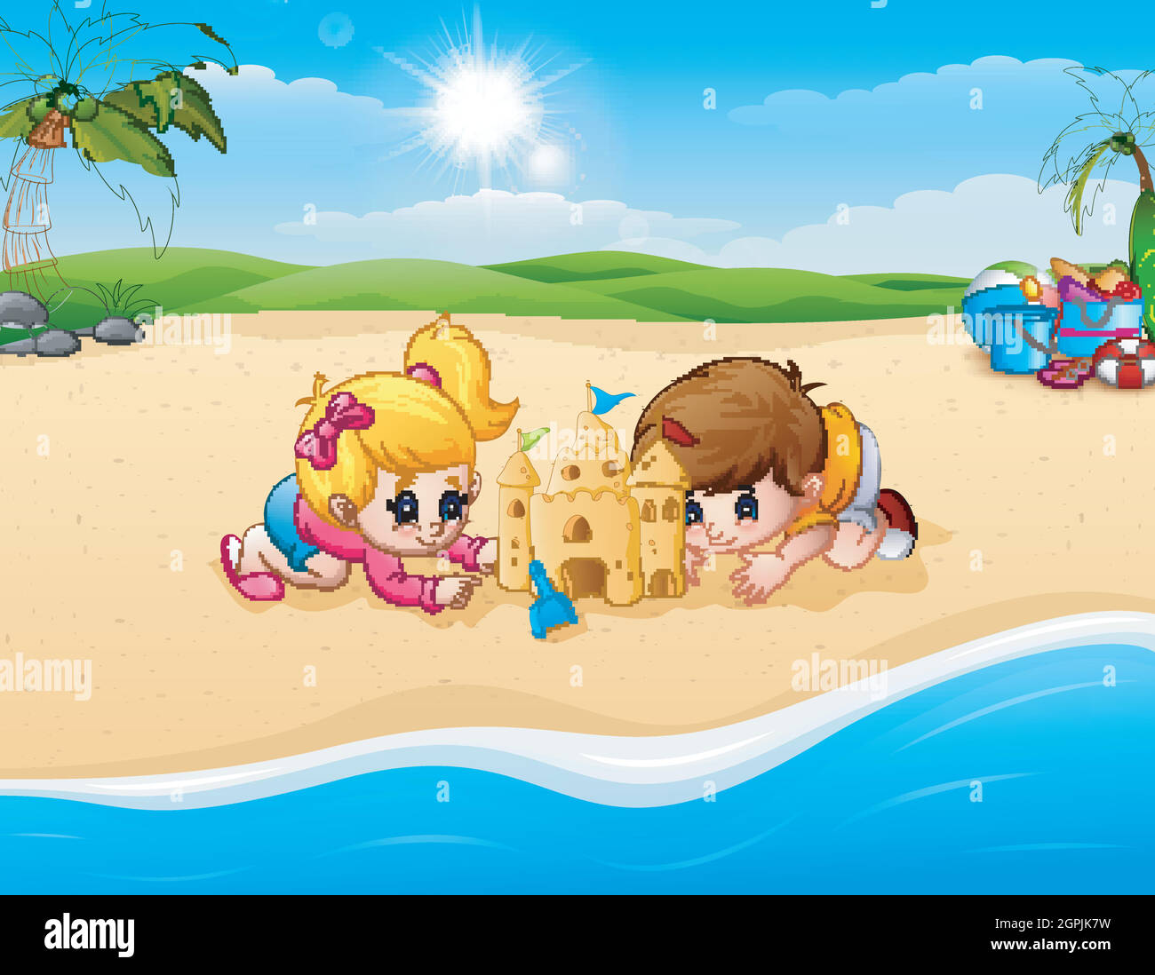 Kids making sand castle beach Stock Vector Images - Alamy