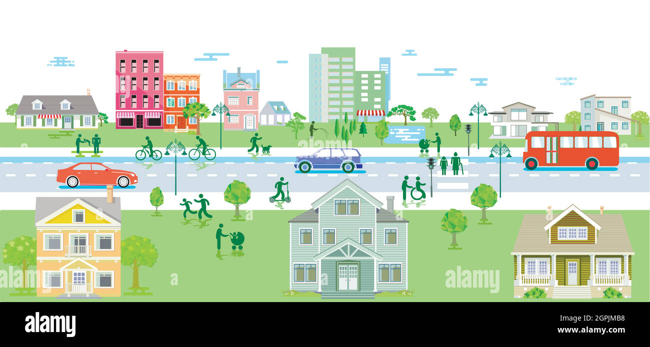 Suburb with pedestrians and road traffic, illustration Stock Vector ...
