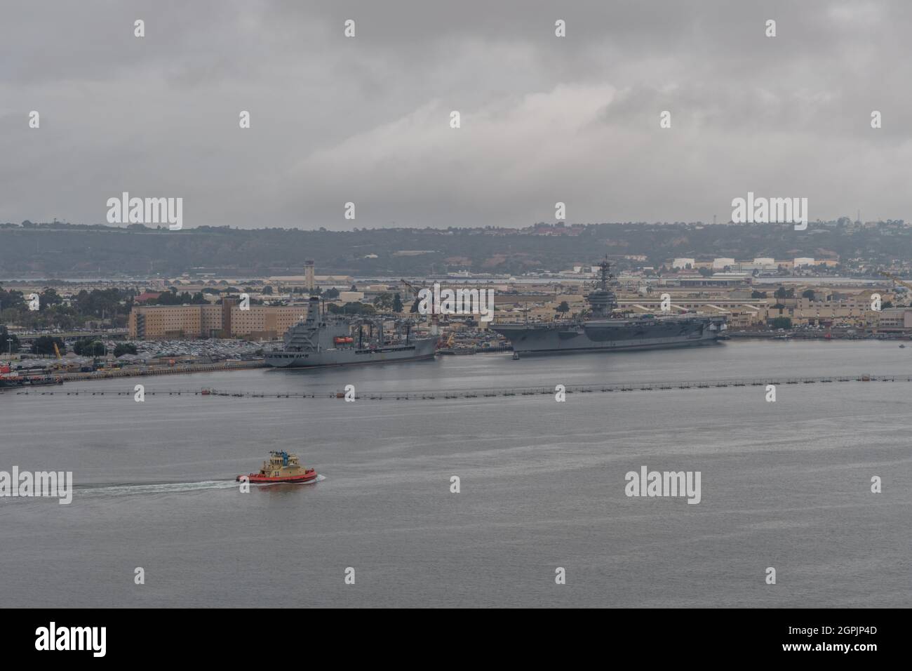 Scenic aerial panoramic San Diego Bay vista under a heavily overcast ...