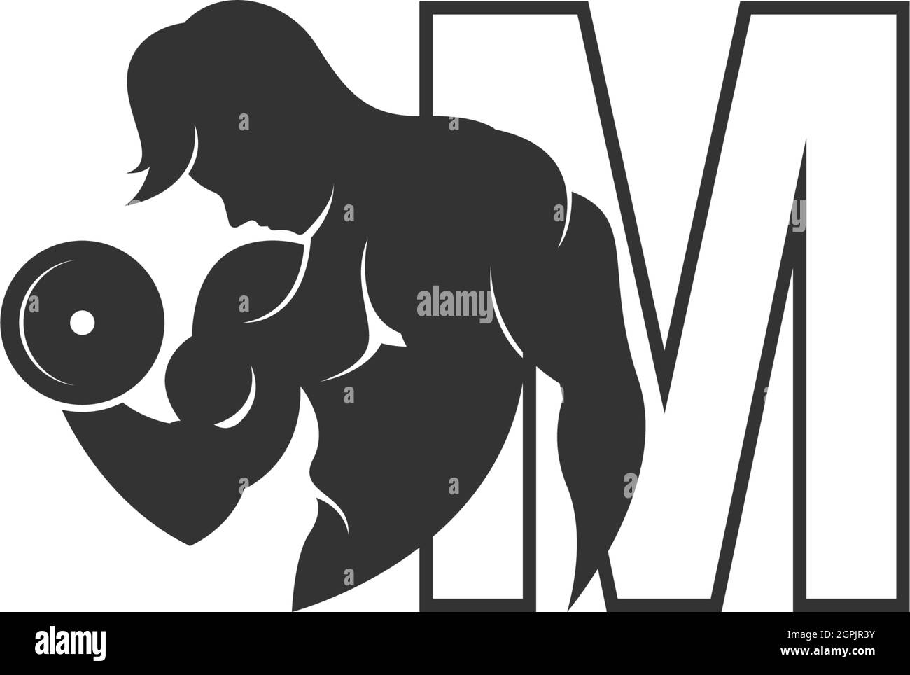 Letter M logo icon with a person holding barbell design vector Stock ...