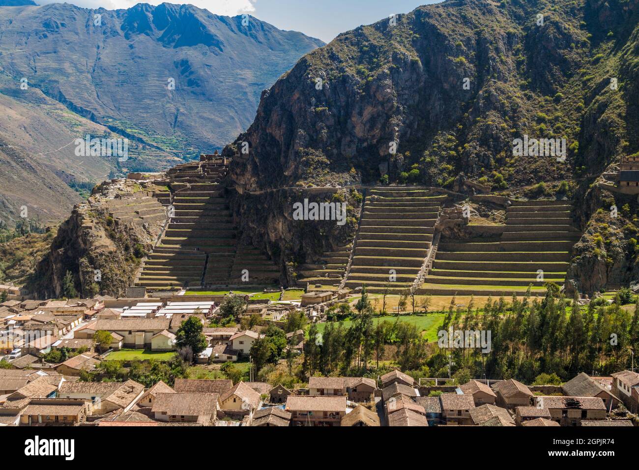 Aerial view of Ollantaytambo and Inca's agricultural terraces, Sacred ...