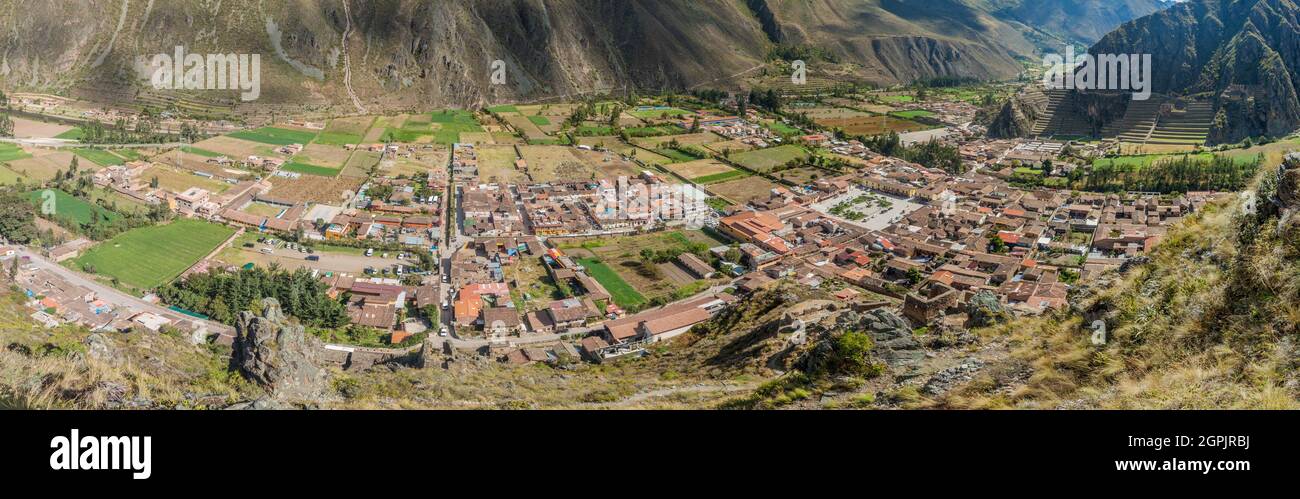 Aerial view of Ollantaytambo and Inca's agricultural terraces, Sacred ...