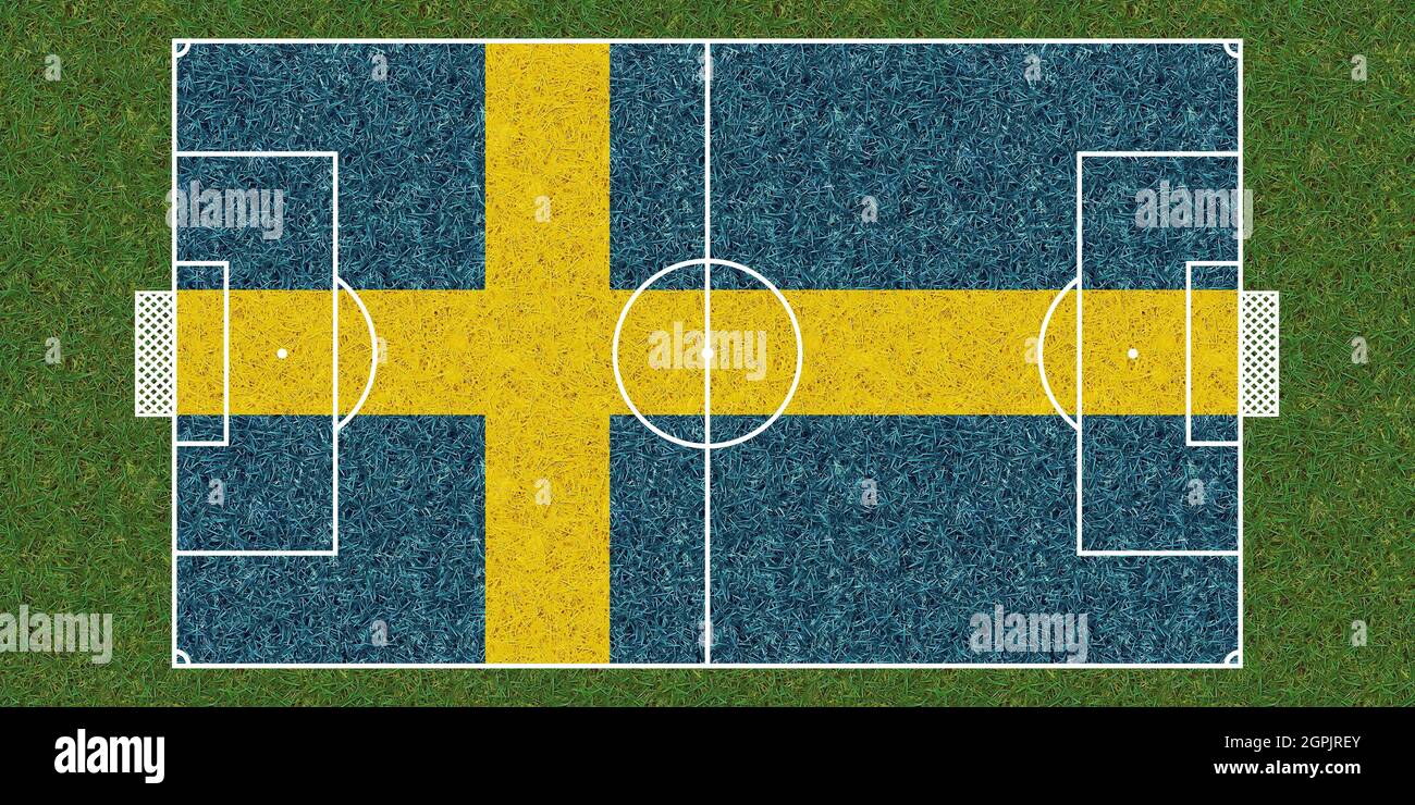 Top view of Green grass soccer field with flag of Sweden. football ...