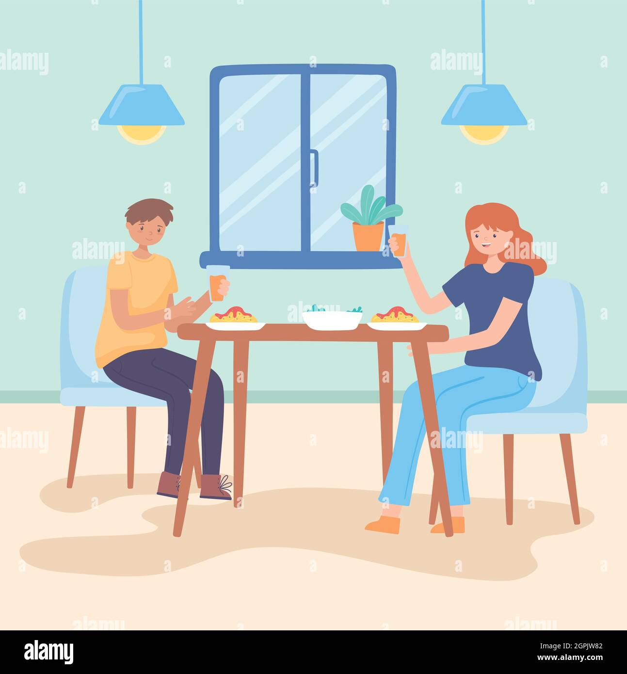 Couple eat food table home Stock Vector Images - Alamy