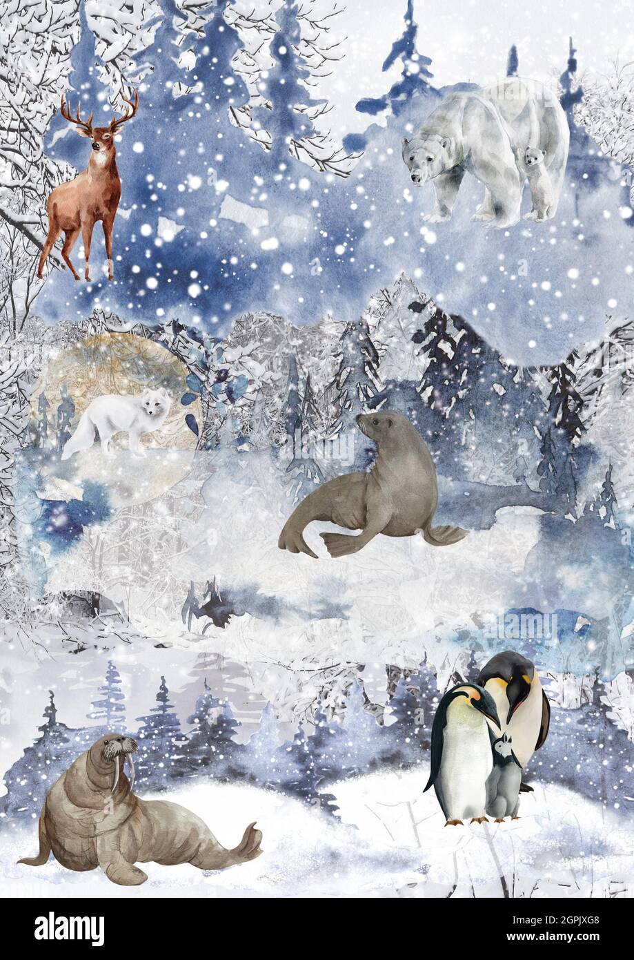 Watercolor illustration about Arctic life with reindeer, polar bear ...