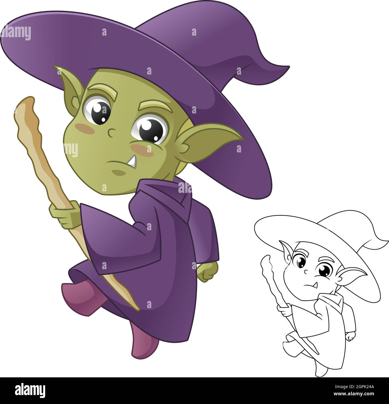 Cute Witch Holding Magic Wand with Line Art Drawing, Mythical Creature ...