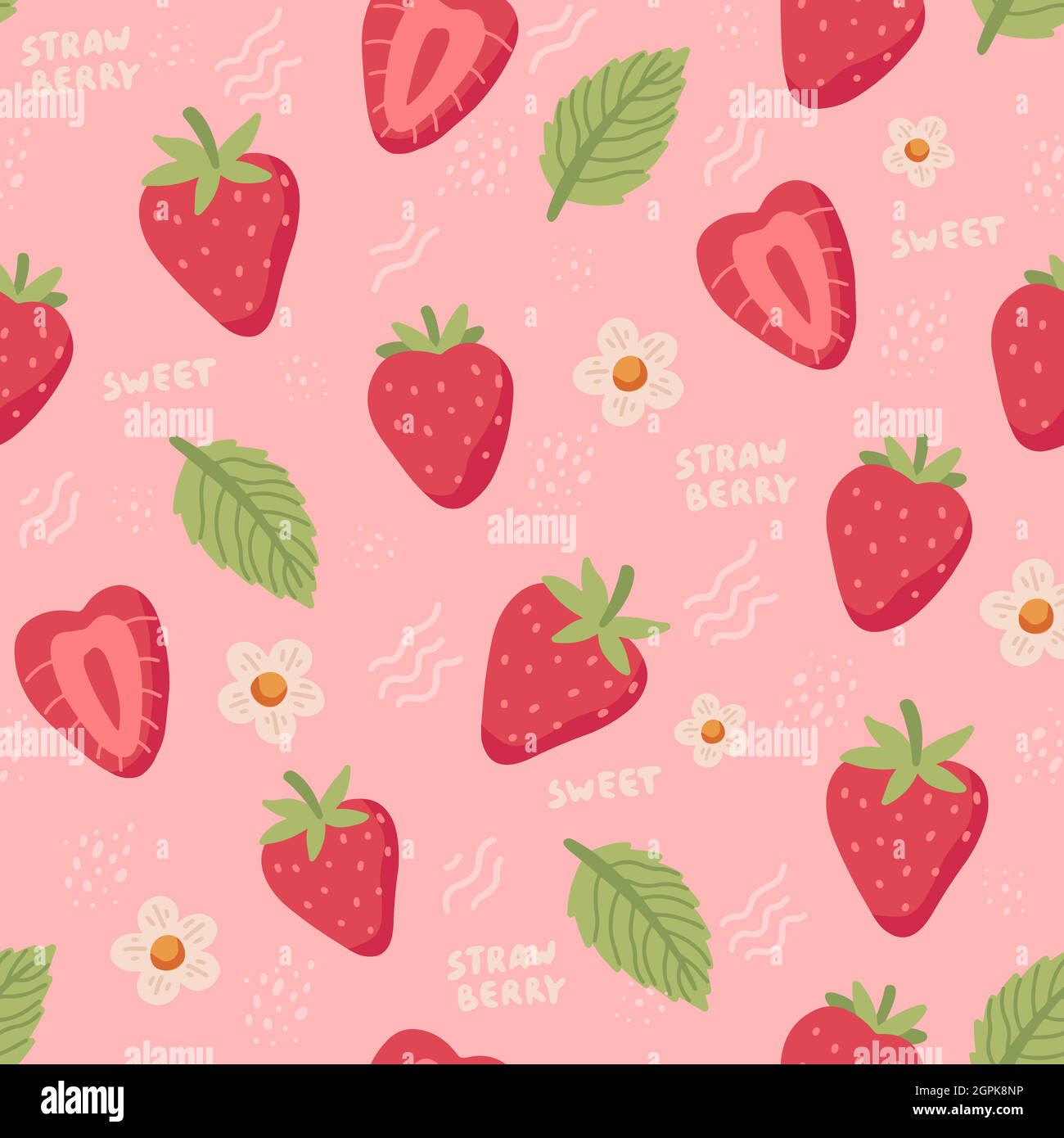 Strawberry hand drawn seamless pattern. Cute colorful strawberries with ...