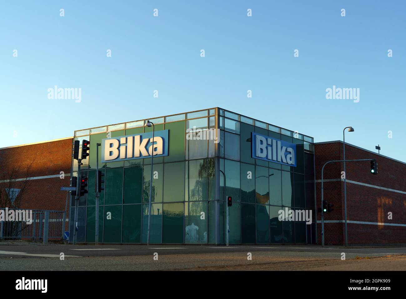 Horsens, Denmark - April 3, 2021: Supermarket Bilka with big blue logo ...