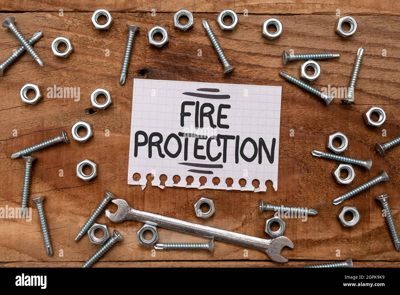 Text caption presenting Fire Protection. Concept meaning measures taken ...