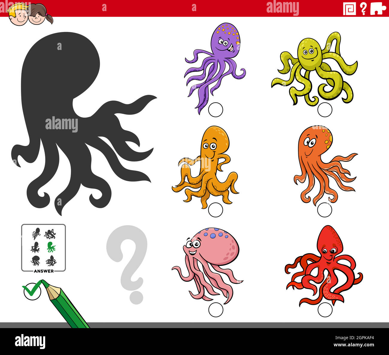 shadows game with cartoon octopuses animal characters Stock Vector ...