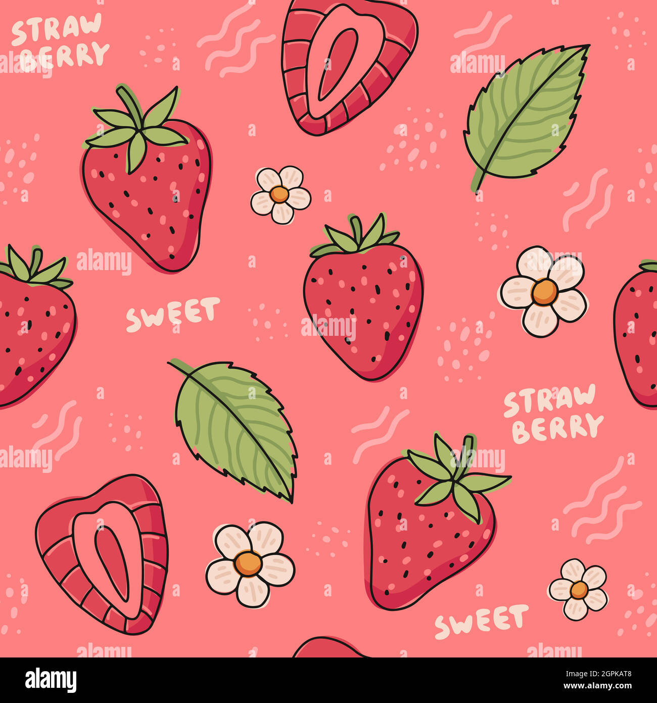 Strawberry hand drawn seamless pattern. Cute colorful strawberries with ...