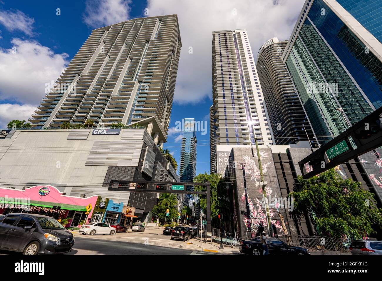 brickell, FL, USA - September 26, 2021: Street view of highrise ...