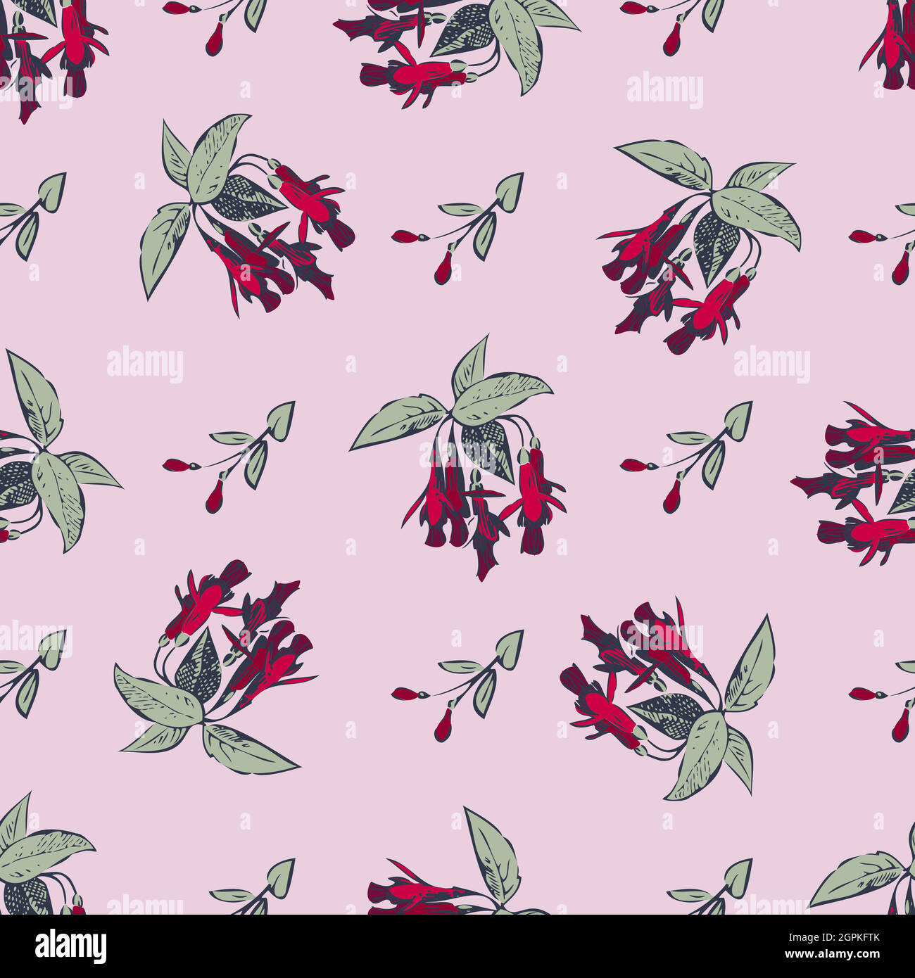 Hand drawn bloom fuchsia flowers, engraving floral seamless pattern ...
