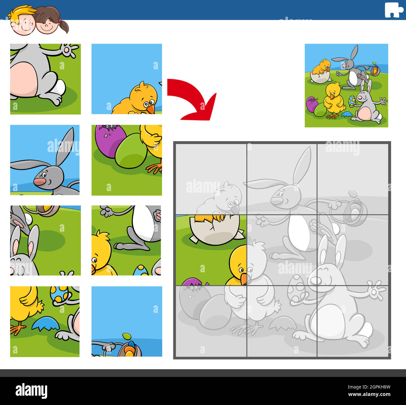 jigsaw puzzle game with bunnies and chicks Easter characters Stock ...