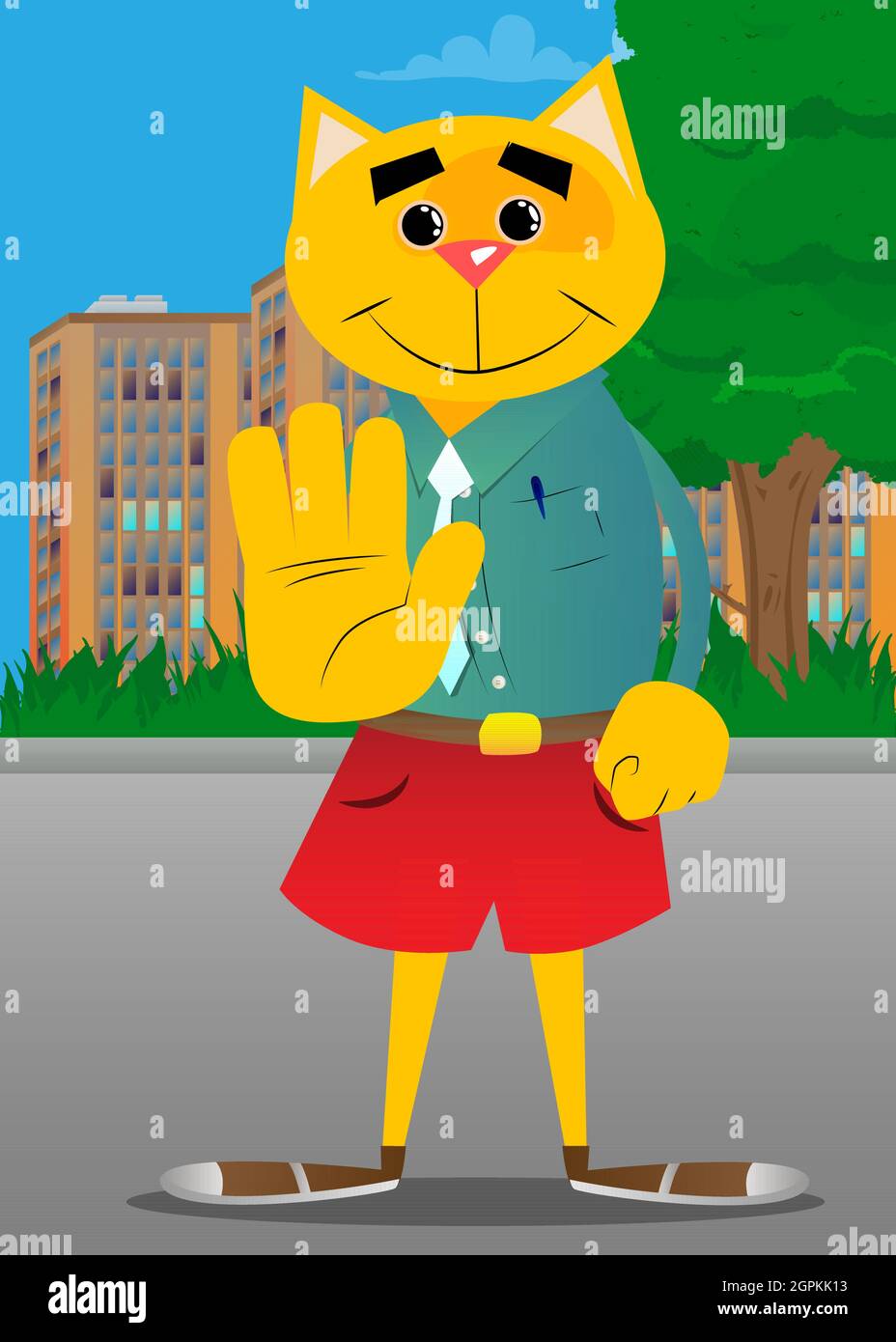 Funny cartoon cat showing deny or refuse hand gesture. Vector ...