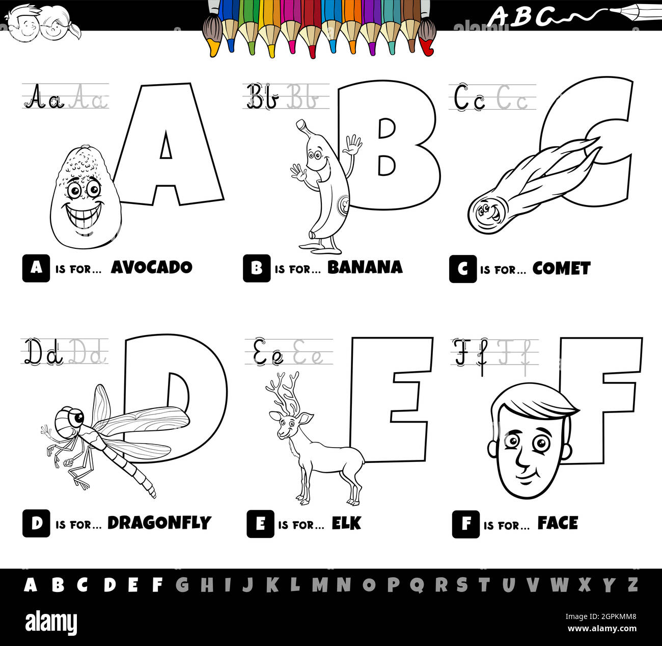 educational cartoon alphabet letters set from A to F color book page ...