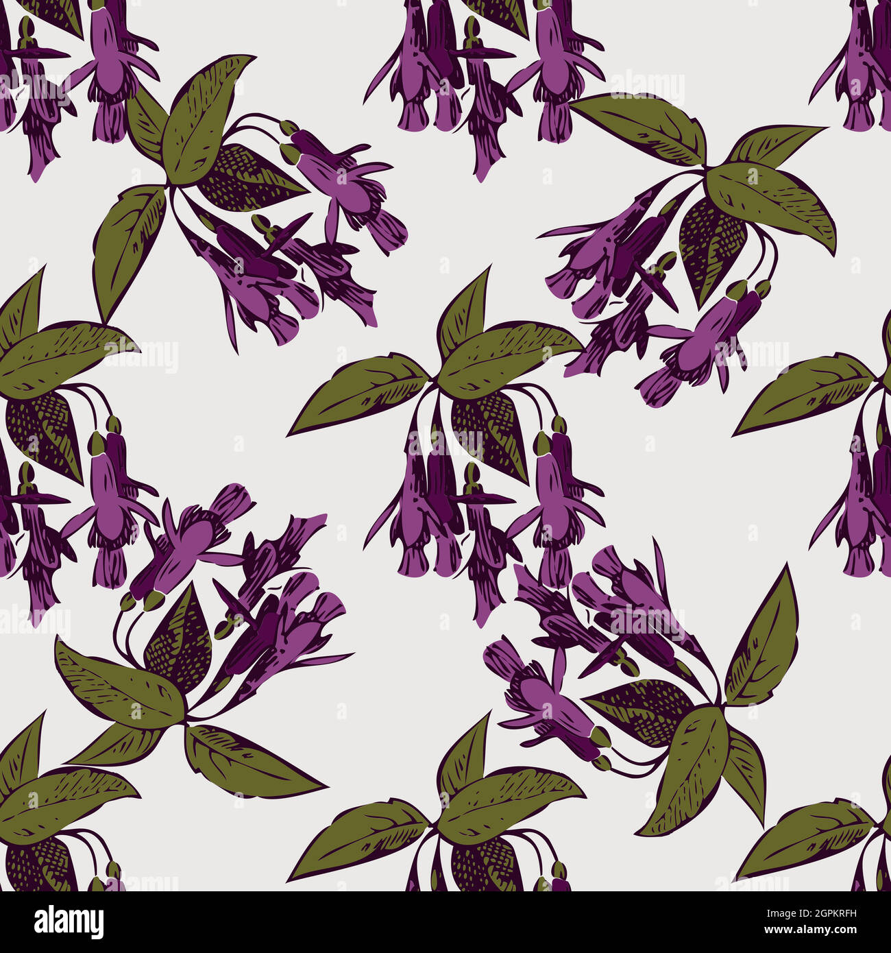 Hand drawn bloom fuchsia flowers, engraving floral seamless pattern ...