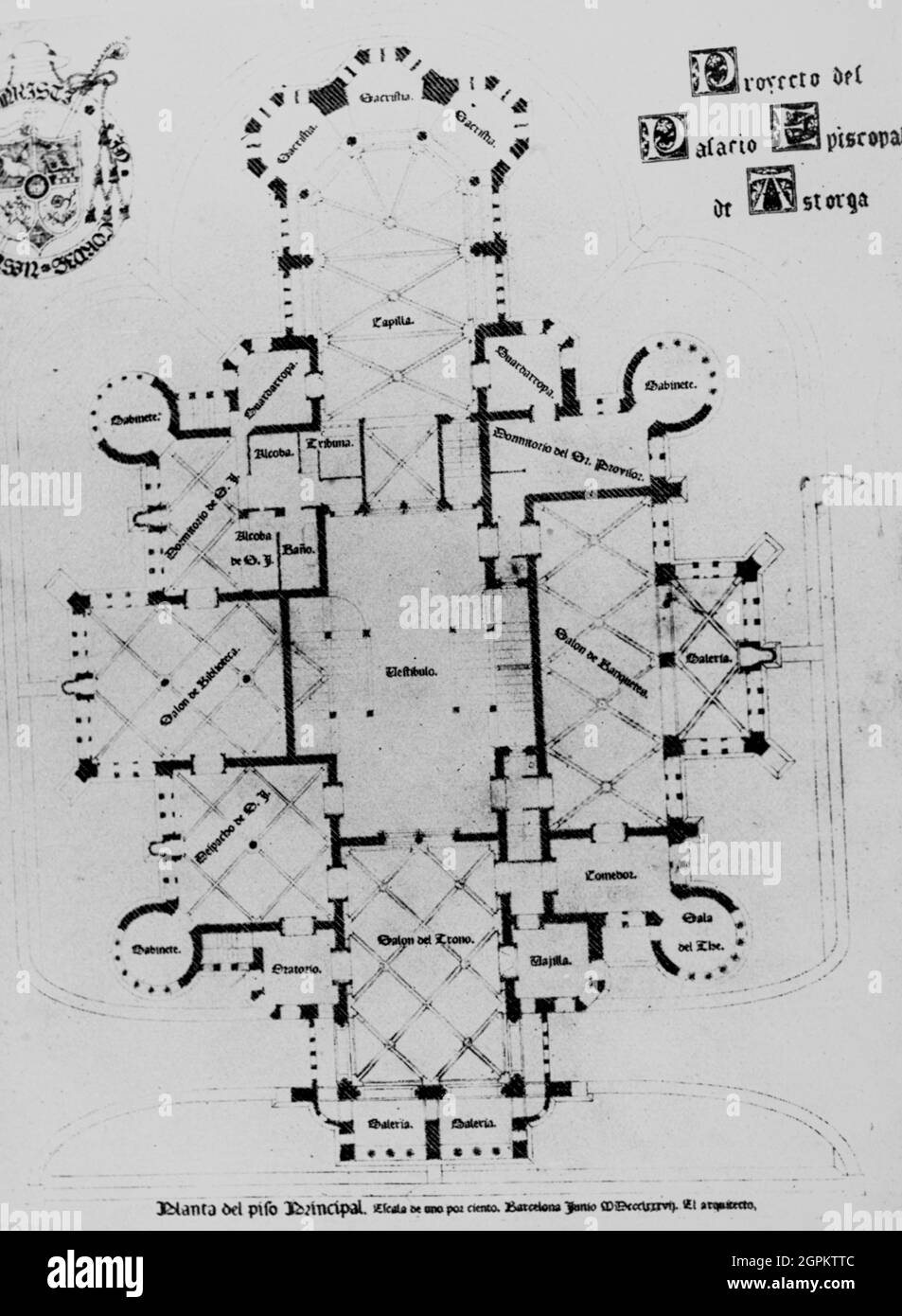 Episcopal Palace of Astorga (León) made by Gaudí (1889-1893): plan of ...