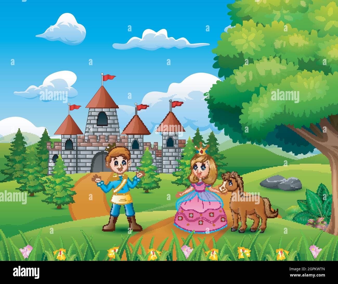 Fairy tale of beautiful Princess and Prince on the road leading to the ...