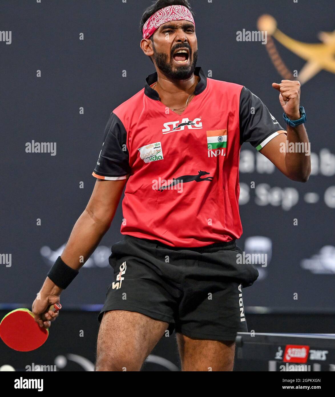 Doha, Qatar. 29th Sep, 2021. Sharath Kamal Achanta of India reacts ...