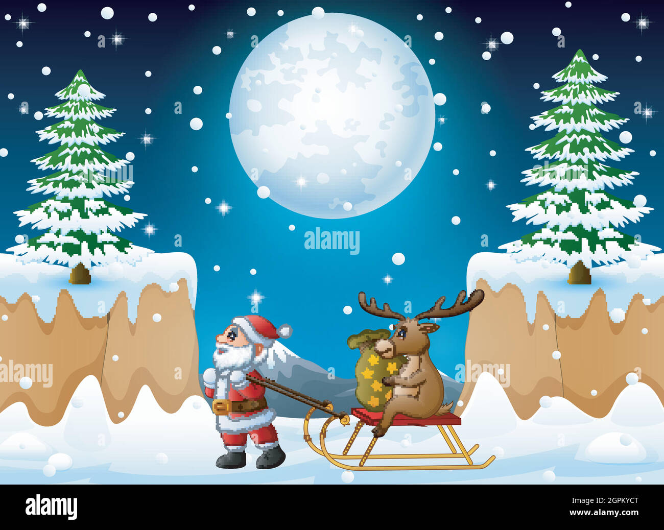 Cartoon funny santa claus pulling reindeer on a sleigh with sack of gifts Stock Vector Image ...